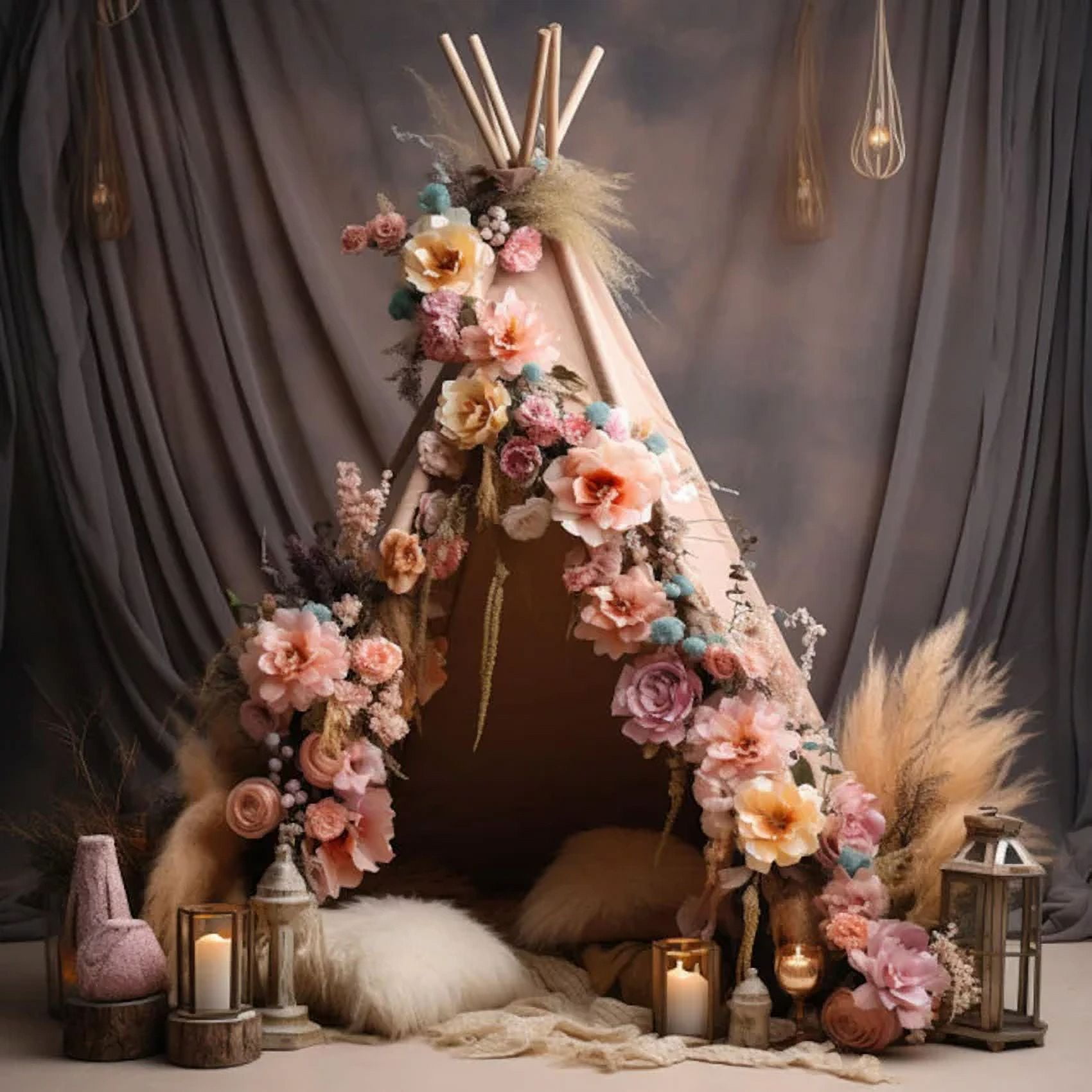 Boho Flowers Tent Camp Balloon Kid Birthday Party Cake Smash Portrait r Backdrop Photo Studi ...