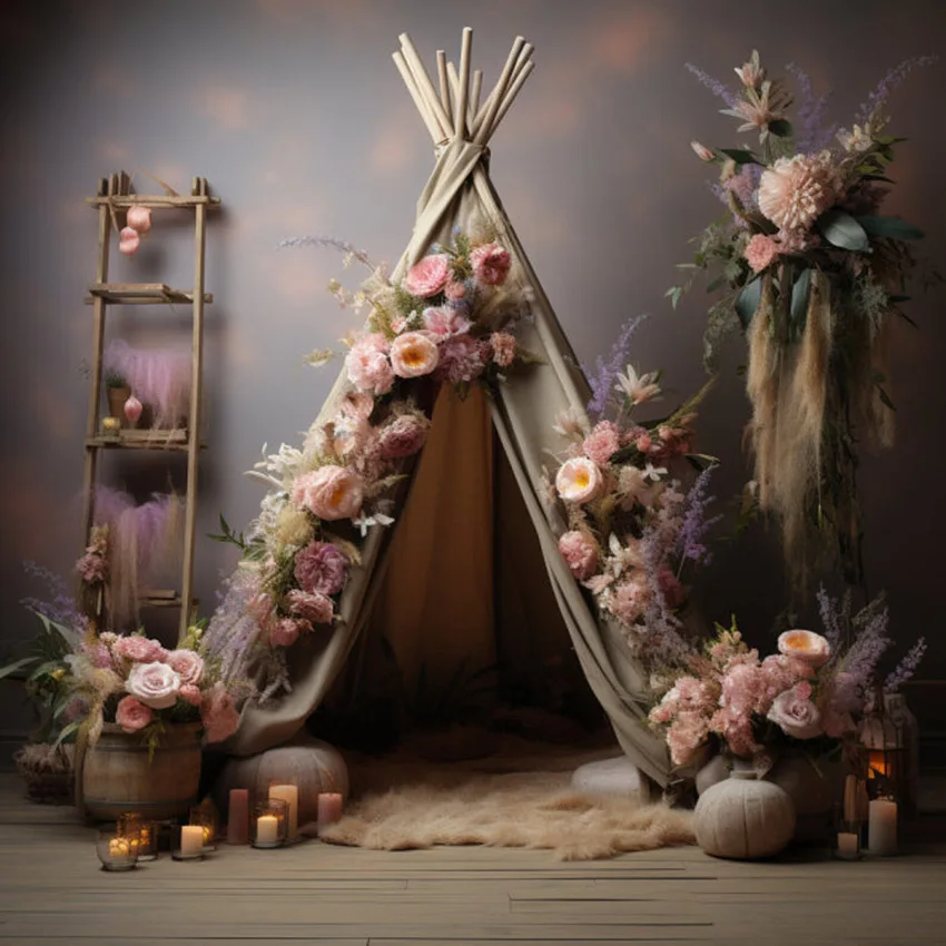 Boho Flowers Tent Camp Balloon Kid Birthday Party Cake Smash Portrait r Backdrop Photo Studi ...