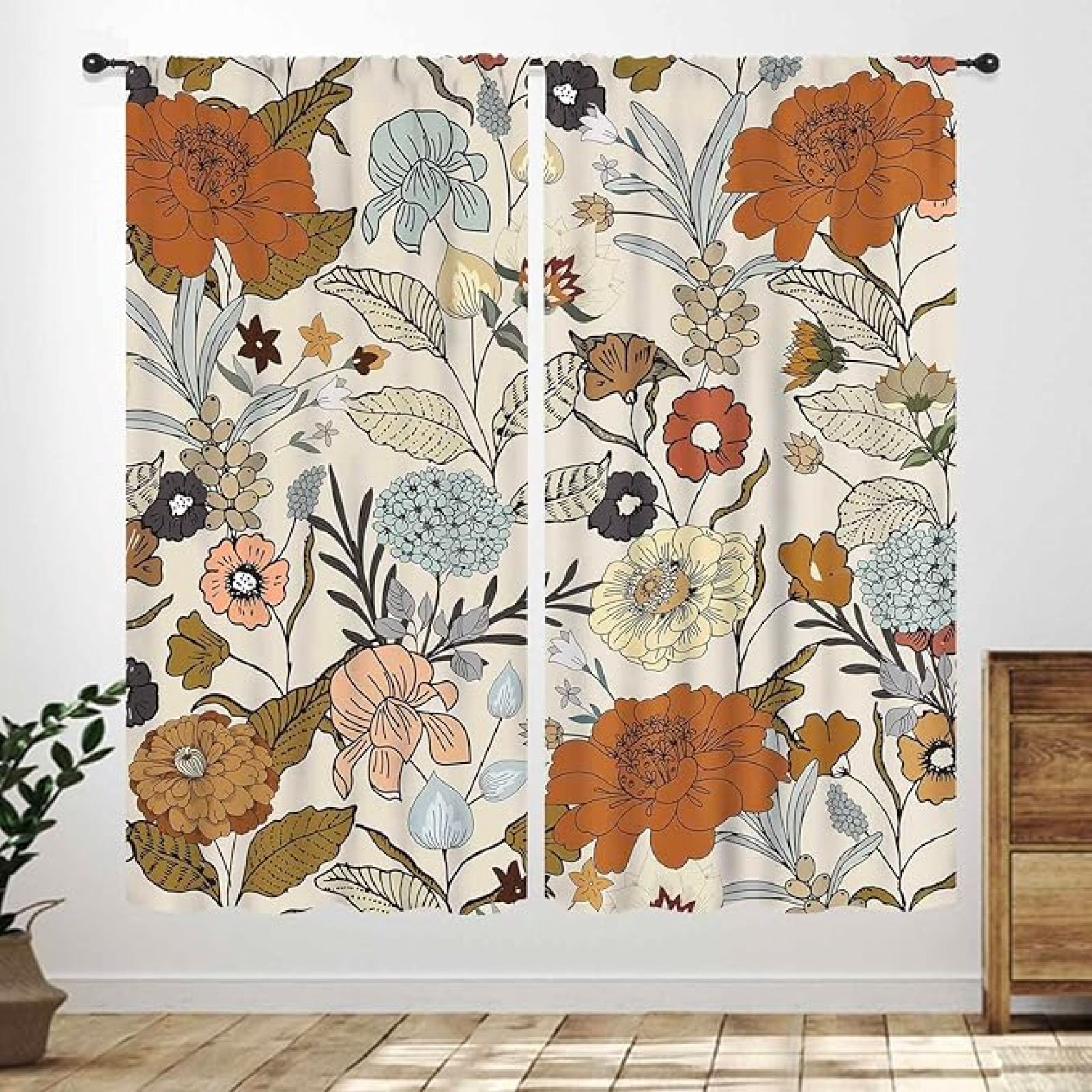 Boho Flowers Window Curtain, Summer Tropical Leaves Rustic Brown ...