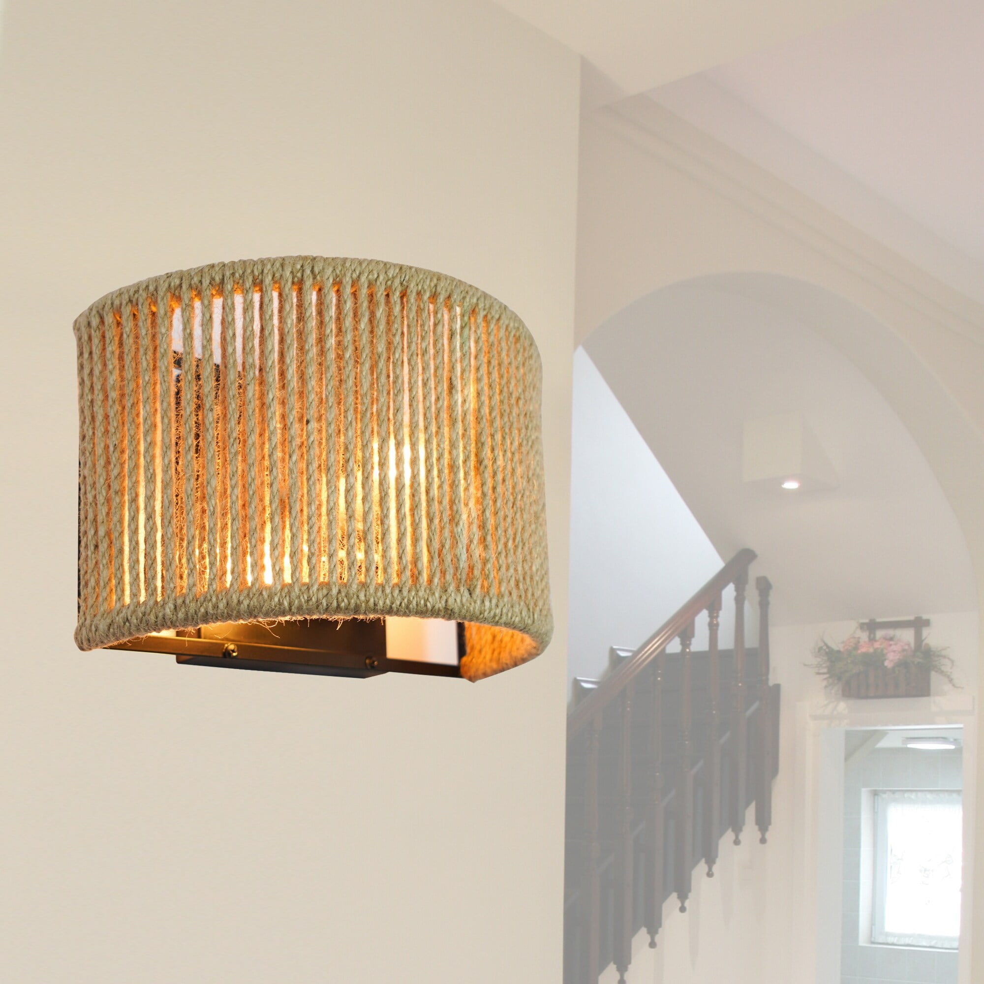 Boho Flush Mounted Sconce Rattan Wall Lamp Hemp Rope Farmhouse Sconces ...