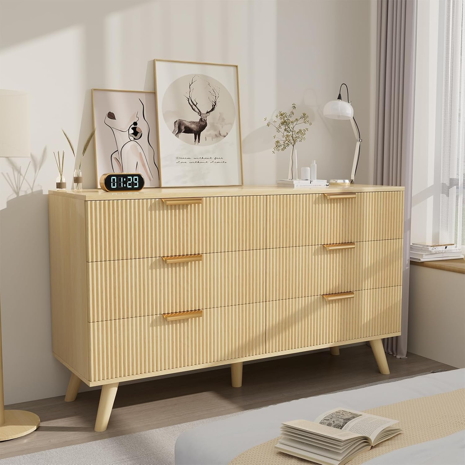 Boho Fluted 6 Drawer Dresser for Bedroom, Chest of Drawers with Solid ...