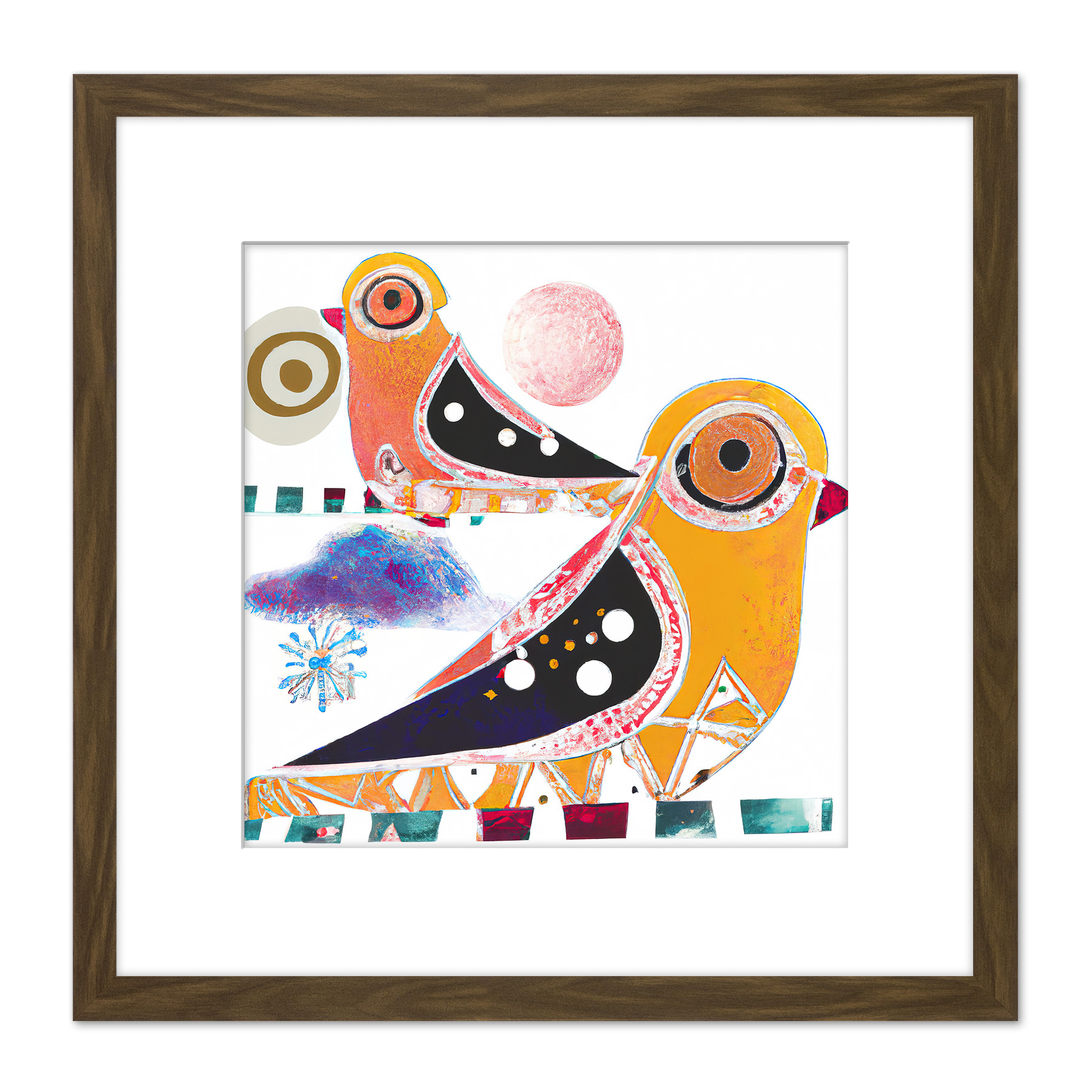 Boho Folk Art Birds Pattern Feathers Quirky Illustration Square Wooden ...
