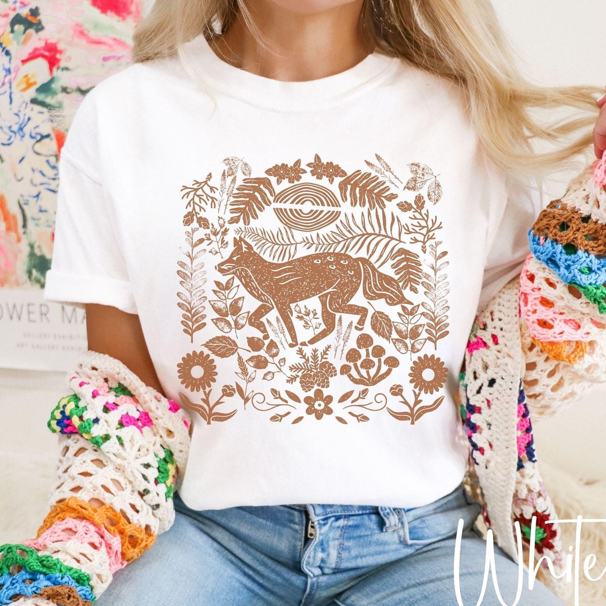 Boho Folk Art Fox Graphic Tee, Rustic Woodland Animal Shirt with Floral ...