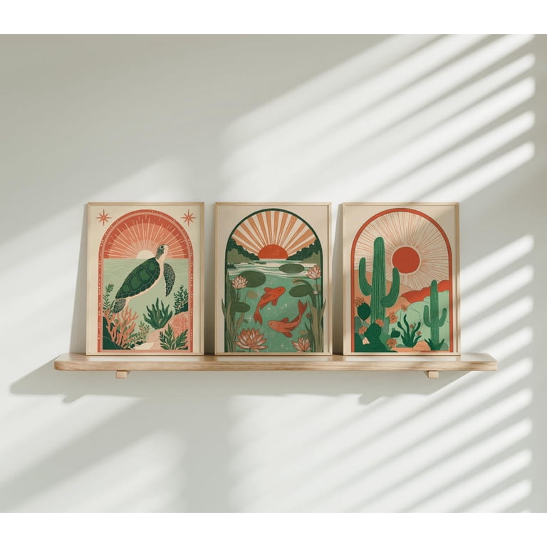 Boho Folk Set Of 3 Wall Art Print With Turtle Koi Sun And Eclectic ...