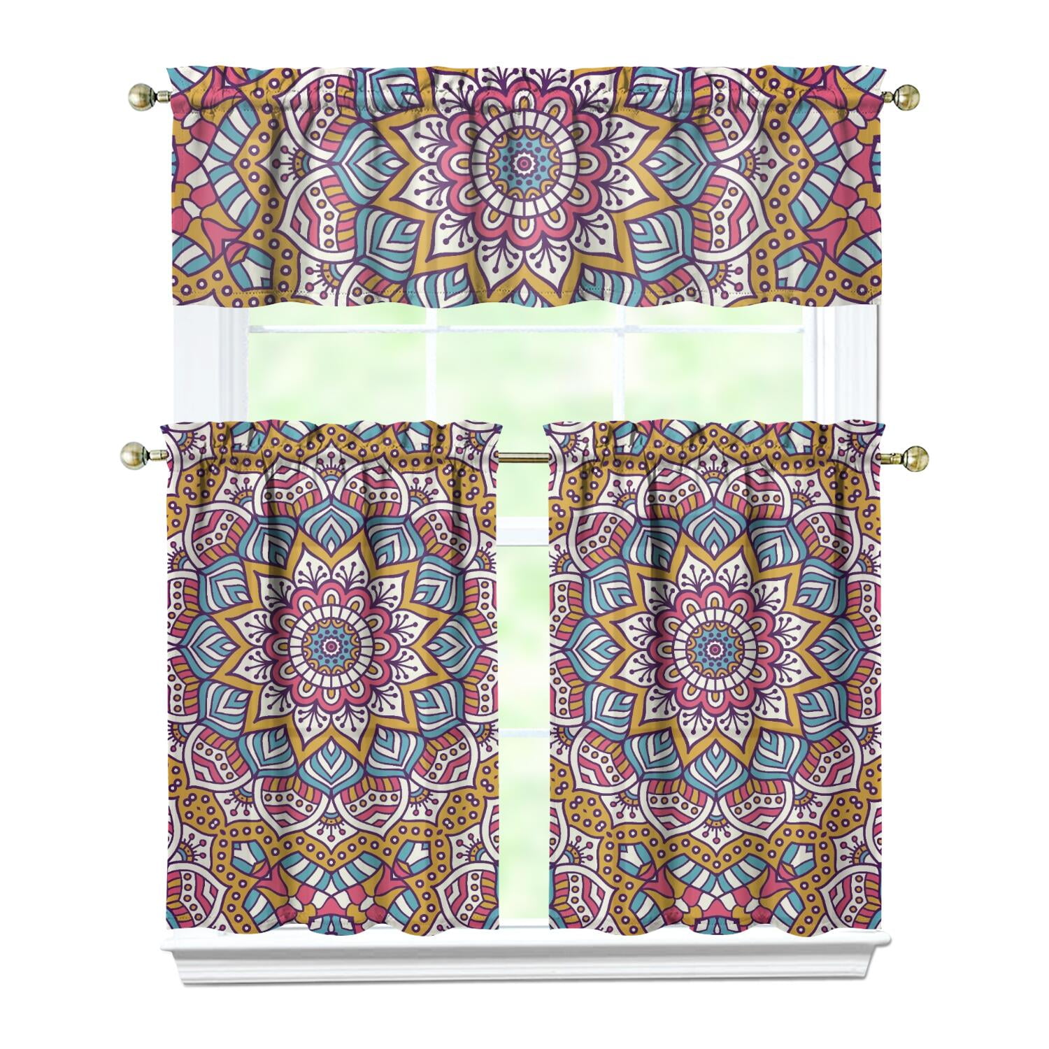 Boho Folk Style Mandala Window Treatment - 3 PCS Semi-Sheer Kitchen ...