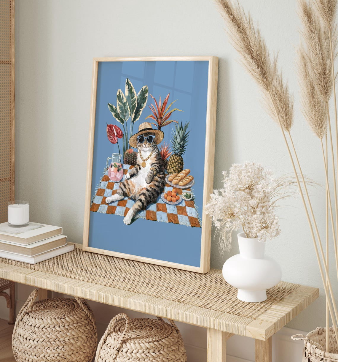 Boho For The Playful Tropical Cat Blue Retro Design With Plants ...