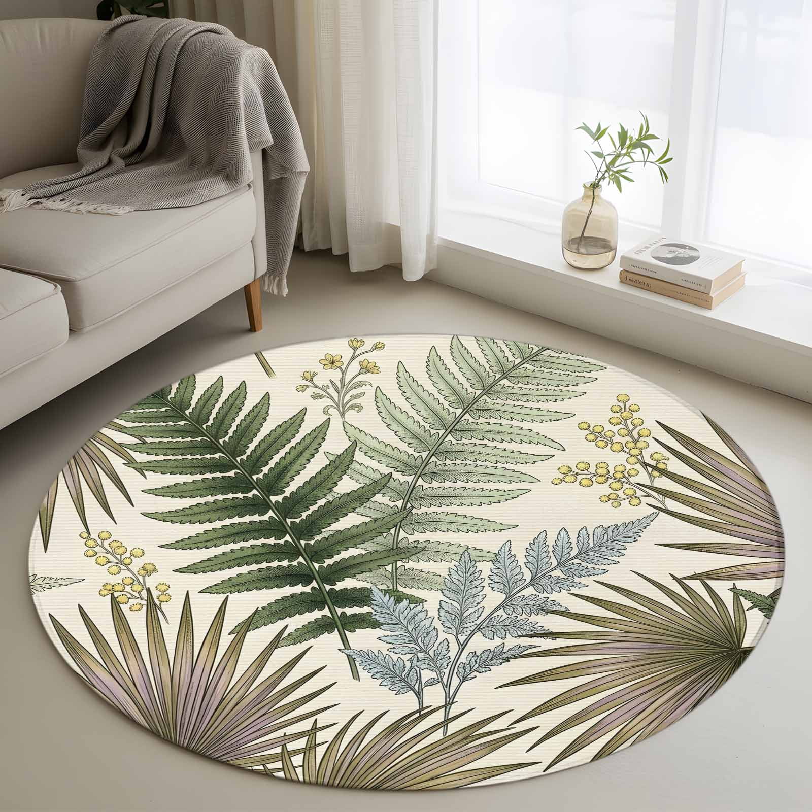 Boho Forest 3FT Round Area Rugs Vintage Country Green Blue Ferns Beige ...