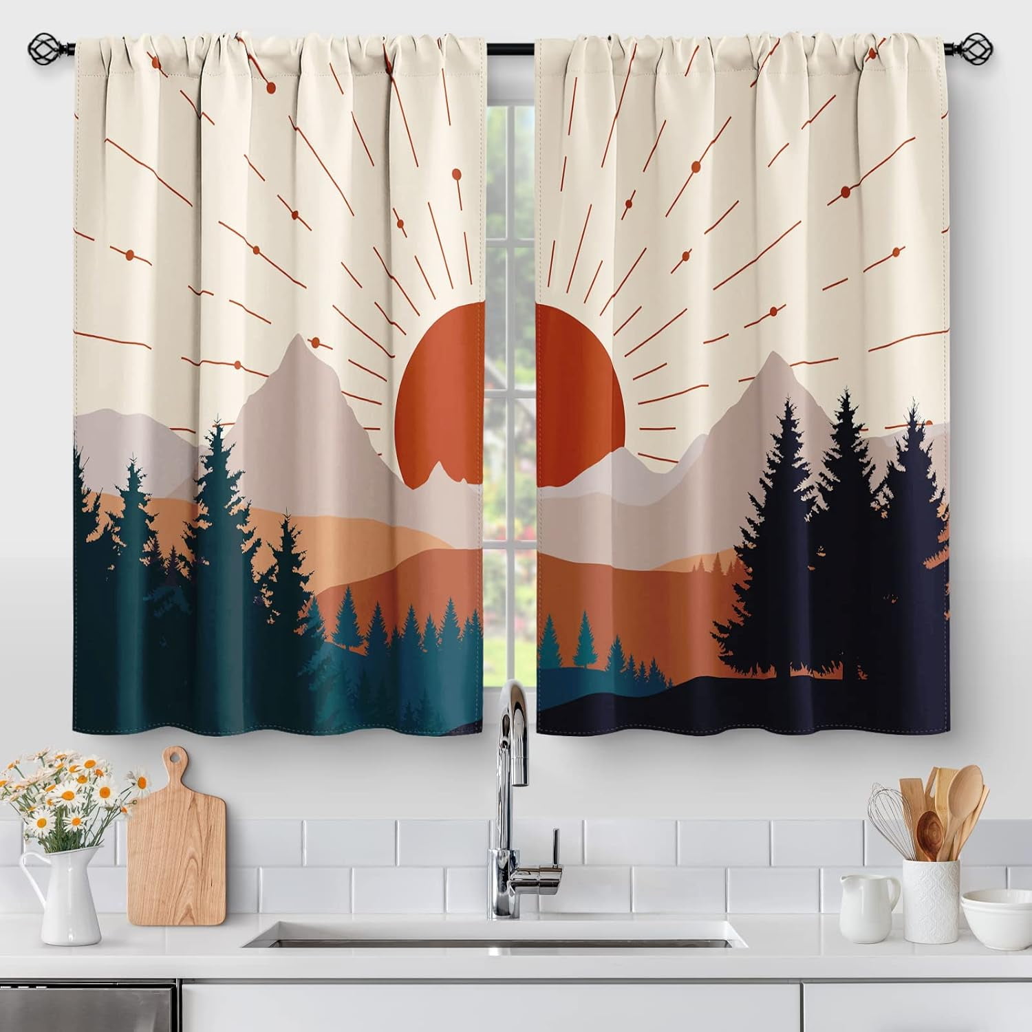 Boho Forest Kitchen Curtains - Aesthetic Modern Country Mountain Sunset ...