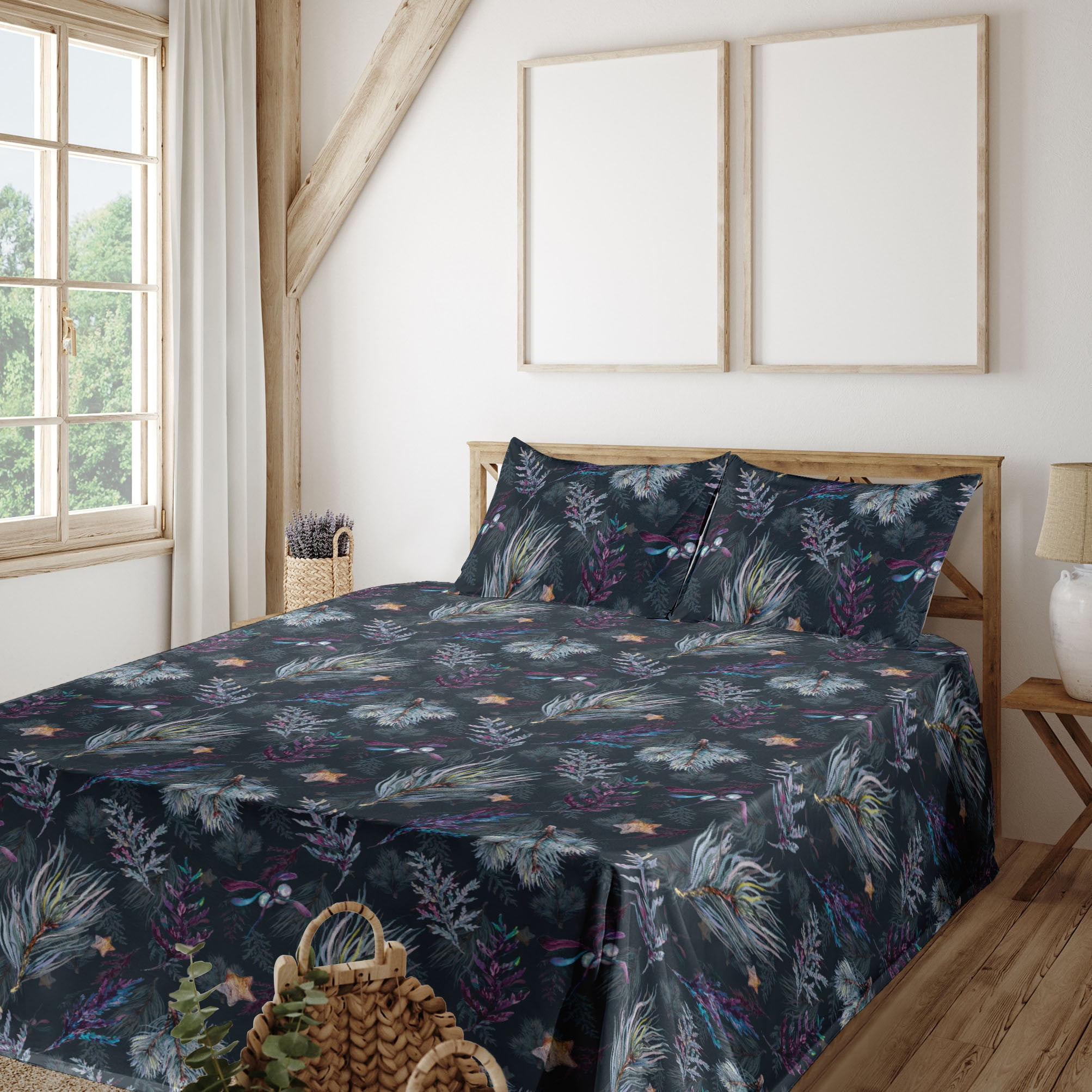 Boho Forest Sheet Set, Exotic Design Leaf Pattern with Watercolor ...