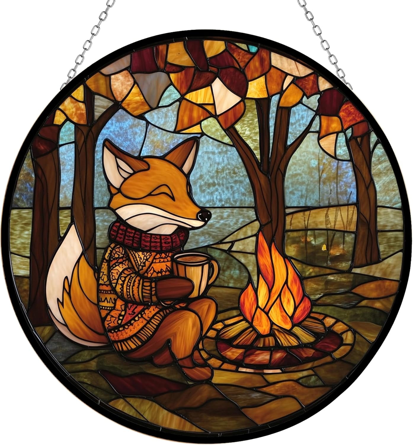 Boho Fox in A Cozy Sweater Stained Glass Sun Catcher Mountain Stained ...