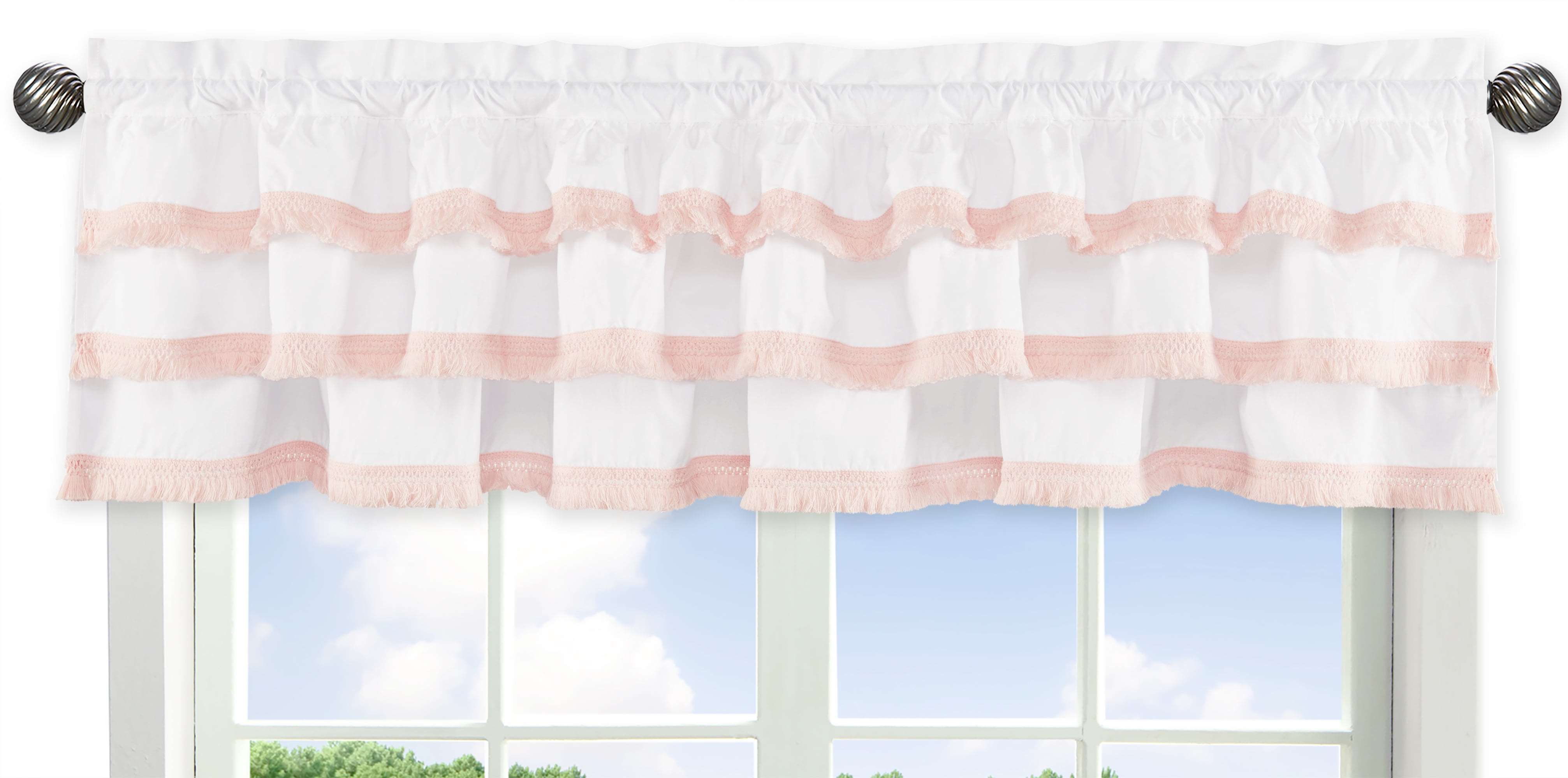 Boho Fringe White and Pink 54" Tiered Window Valance by Sweet Jojo ...