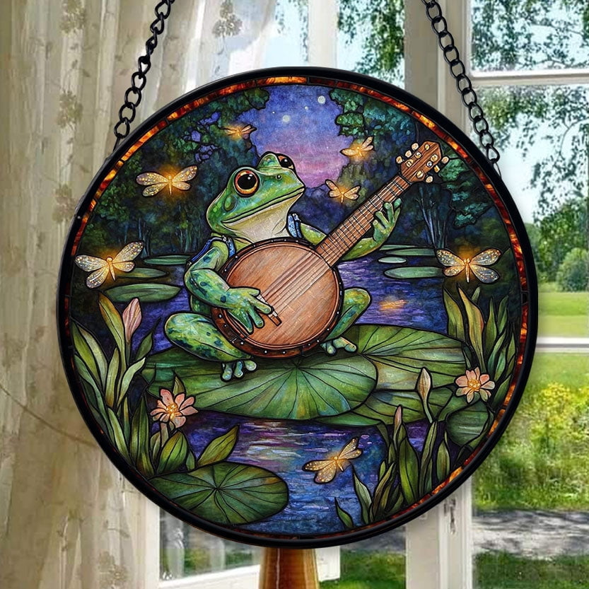 Boho Frog Playing A Banjo Stained Glass Window Hangings, Cat Butterfly ...