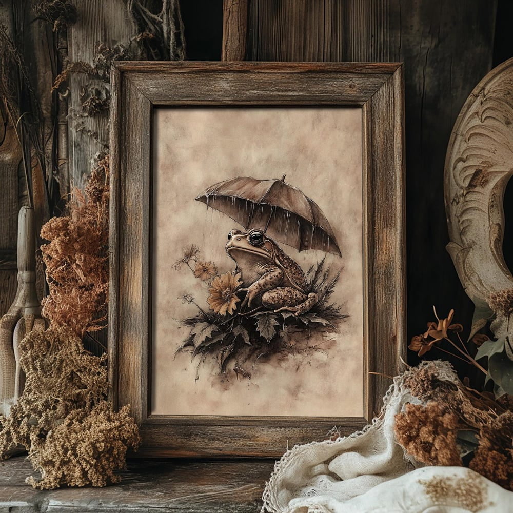 Boho Frog Under Umbrella With Fall Flowers Print, Toad Ñ Ottagecore ...