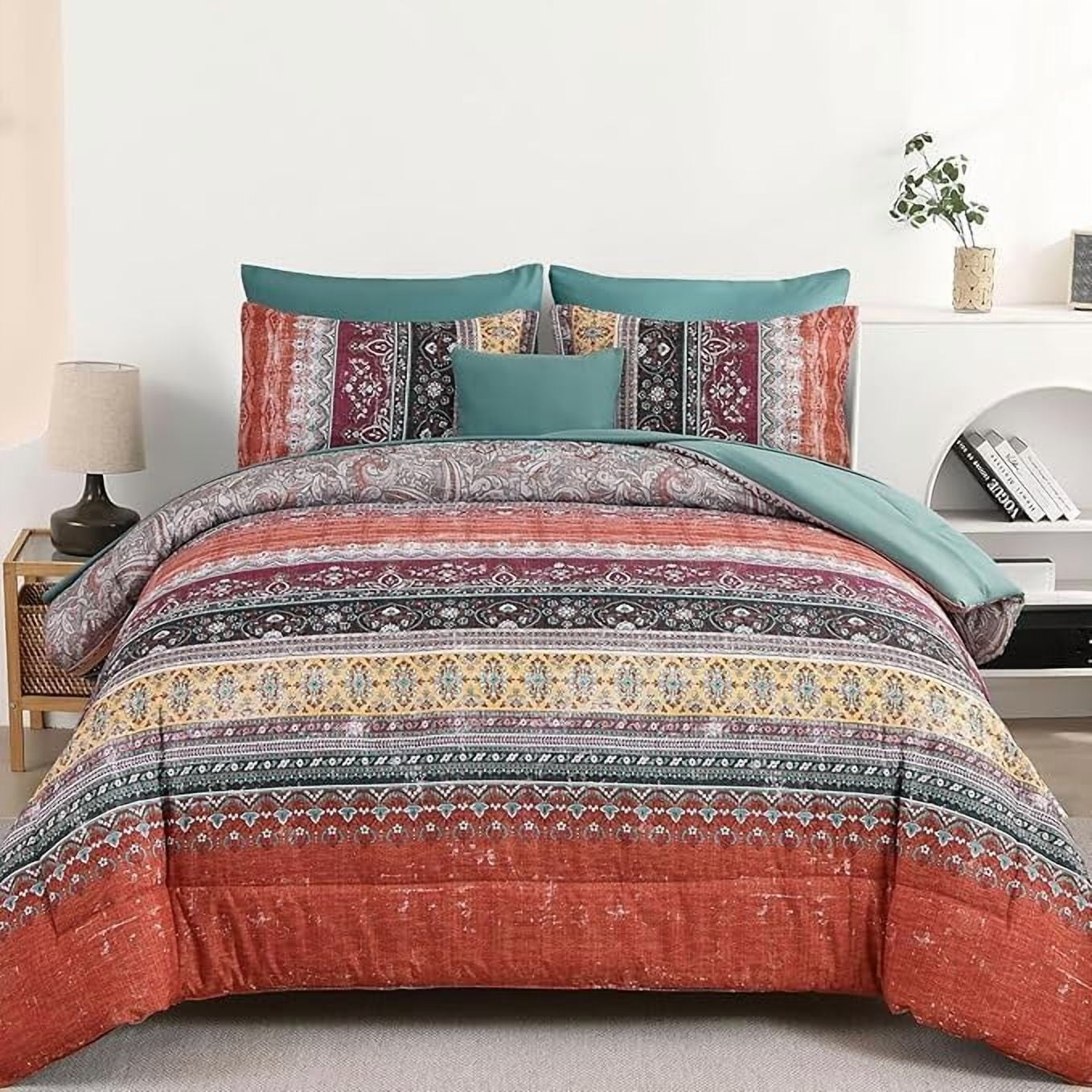 Boho Full Comforter Set 8 Pieces,Orange and Green Bohemian Striped Bed ...