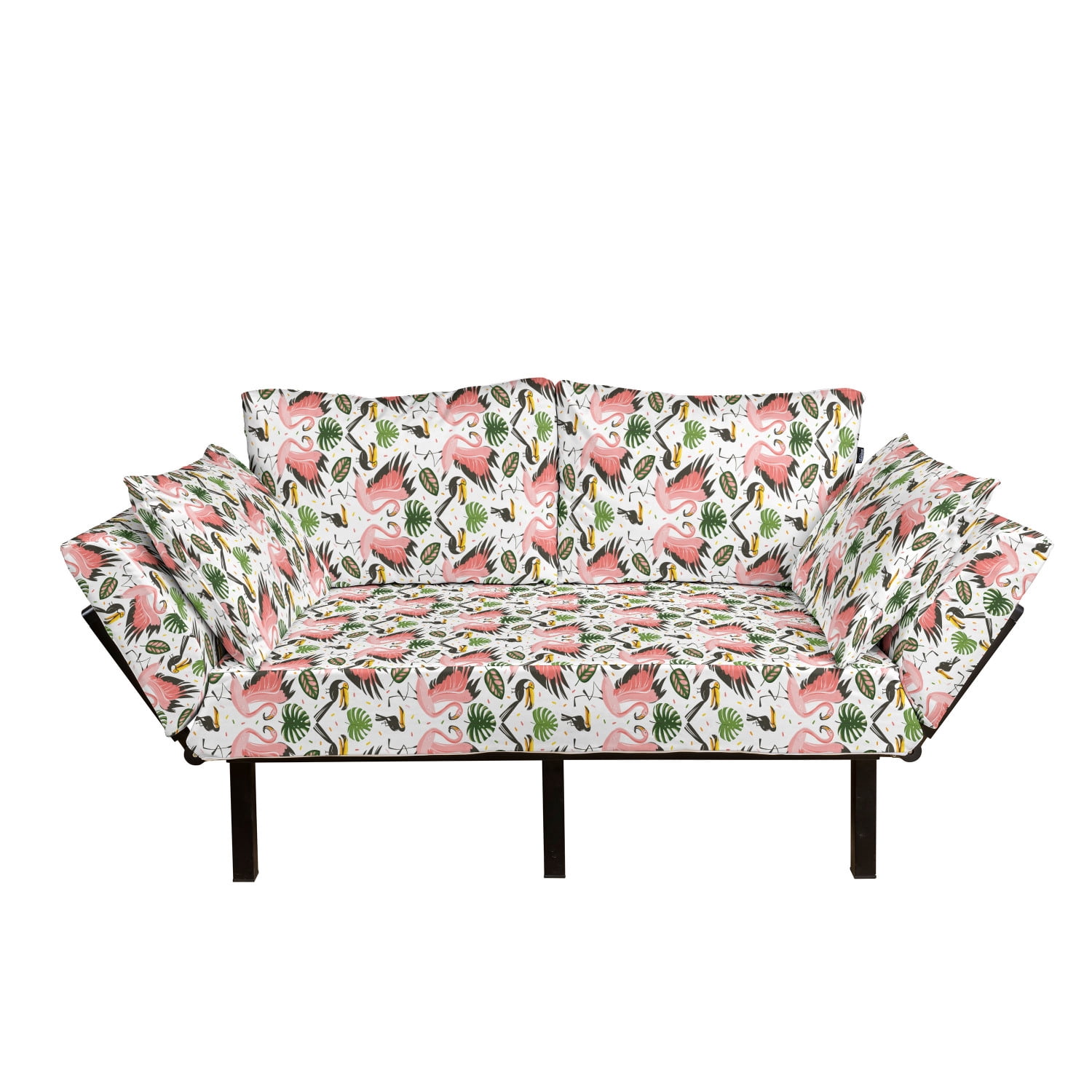 Boho Futon Couch, Exotic Illustration of Flamingo and Big Leaves Summer ...