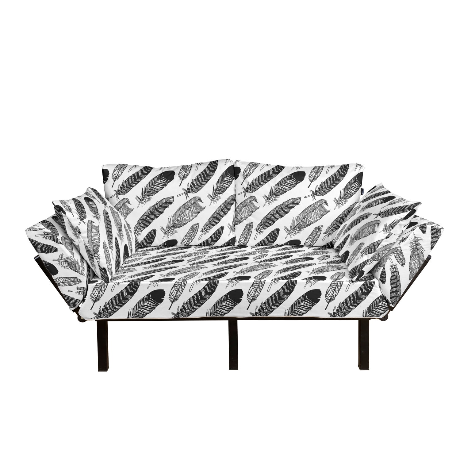 Boho Futon Couch, Hand Drawn Bohemian Style Feathers Hippie Fashion ...