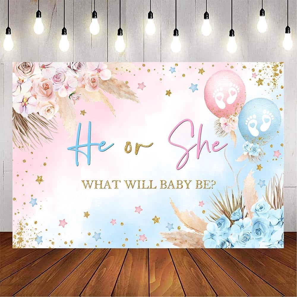 Boho Gender Reveal Backdrop He or She Watercolor Pampas Baby Shower ...
