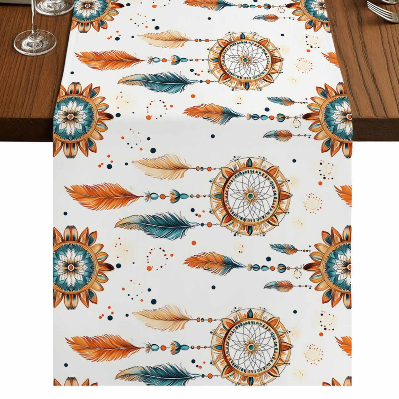 Boho Geometric 108 Inch Table Runner, Ethnic Feathers Patterns Retro ...