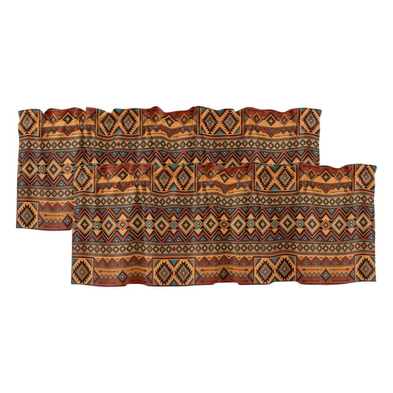 Boho Geometric 2 Panels Kitchen Valance, Retro Tribal Ethnic Grid Brown ...