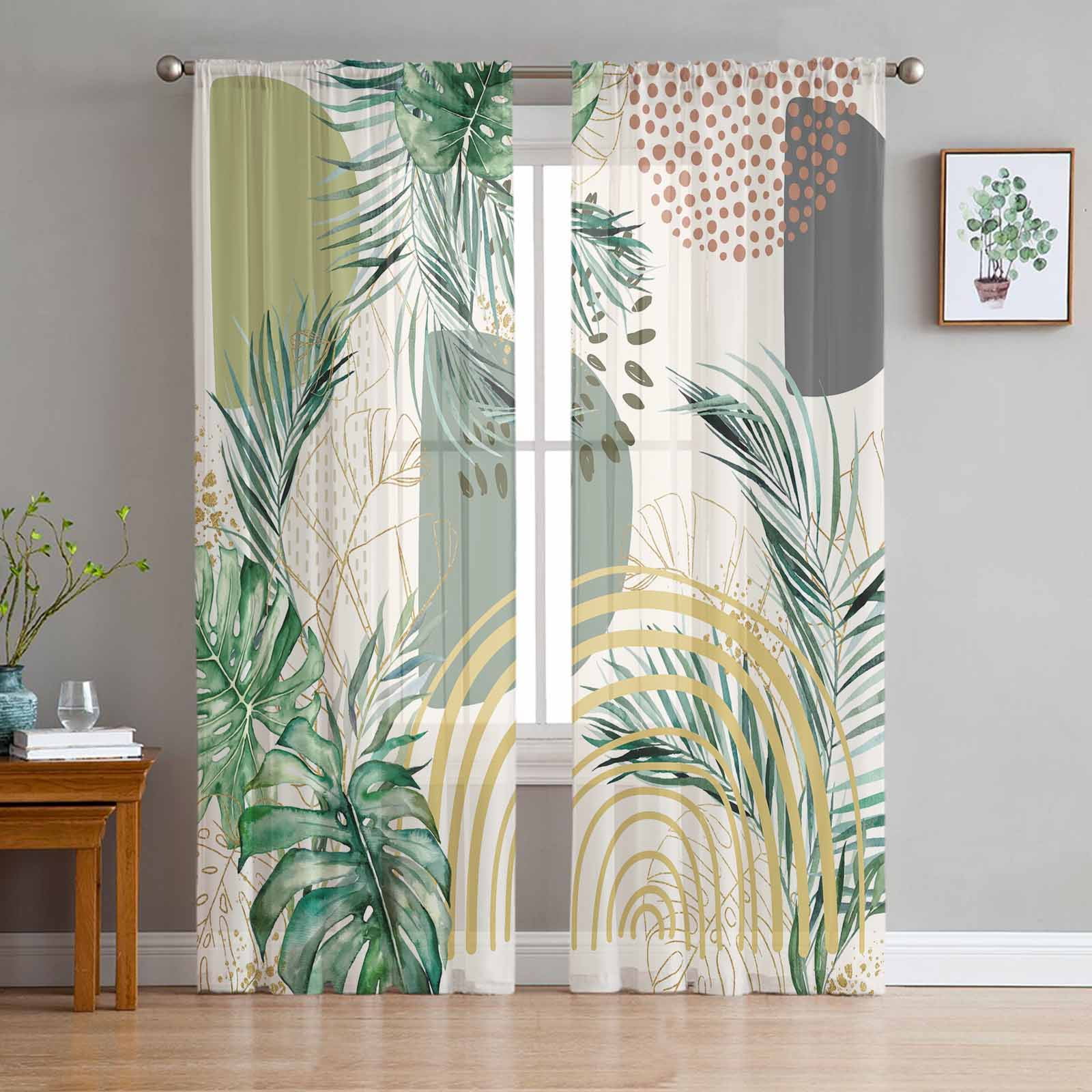 Boho Geometric Abstract Leaves Sheer Curtains for Living Room Kitchen ...
