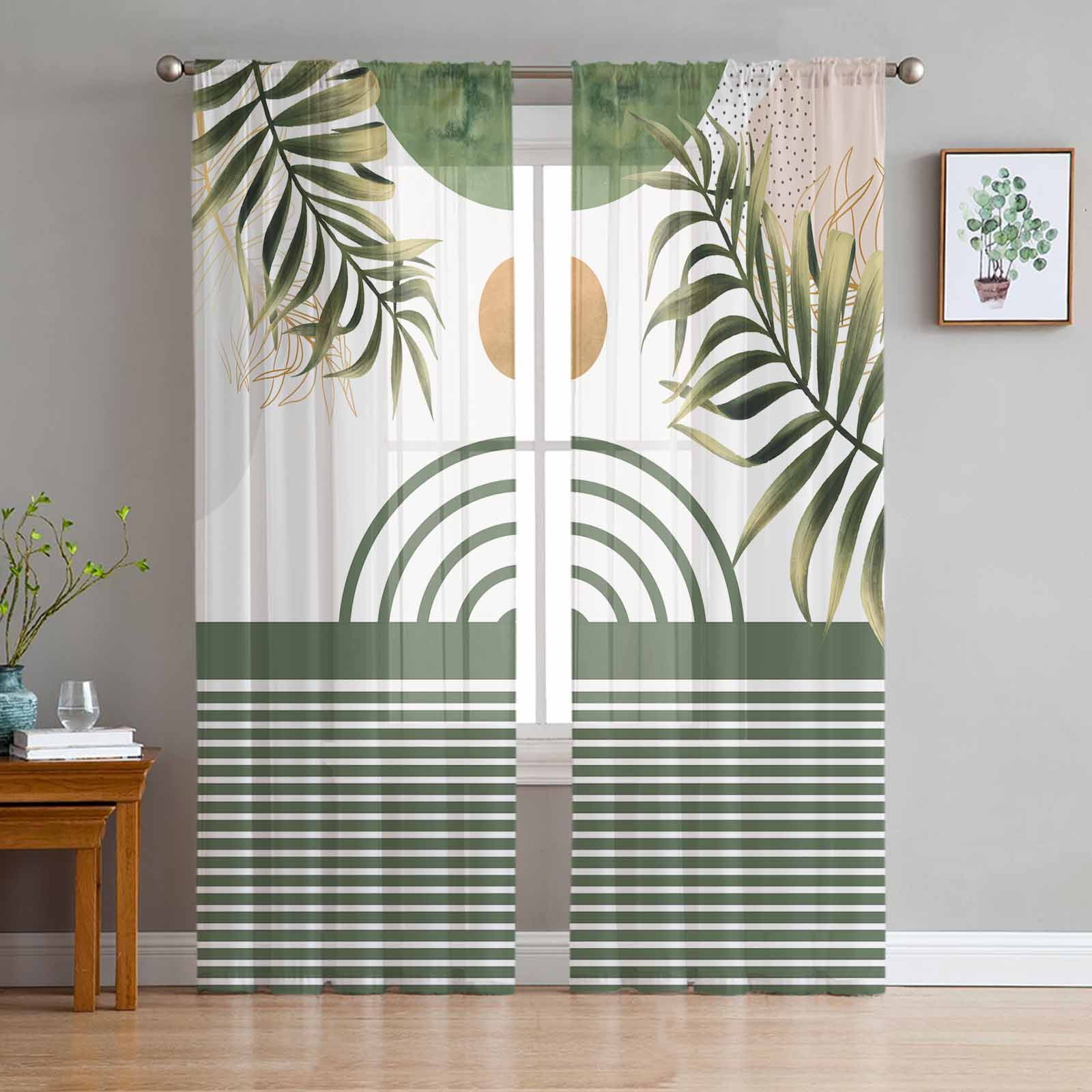 Boho Geometric Abstract Leaves Sheer Curtains for Living Room Kitchen ...