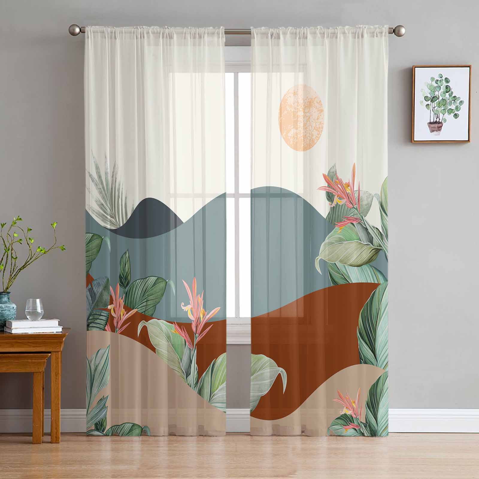 Boho Geometric Abstract Leaves Voile Curtains for Bedroom Window Tulle ...