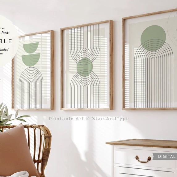 Boho Geometric Arches PrintS Set Sage Mid Century Art Set 3 Unframed ...