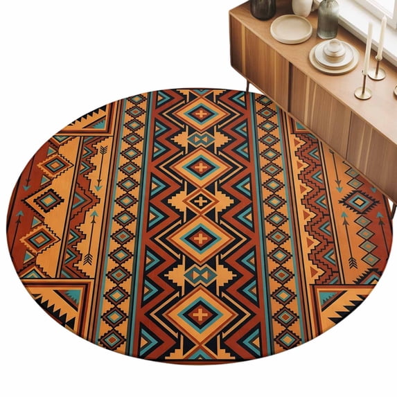 Boho Geometric Area Rug, Retro Tribal Ethnic Grid Brown Orange Aztec ...
