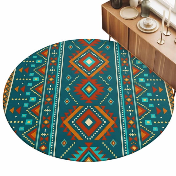 Boho Geometric Area Rug, Retro Tribal Ethnic Grid Teal Orange Aztec Non ...