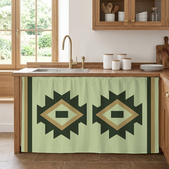 Boho Geometric Cabinet Curtains 32" W x 55" L, Green Ethnic Tribal ...