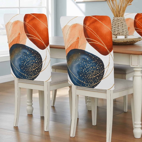 Boho Geometric Chair Back Covers, Orange Blue Abstract Patterned Gold ...