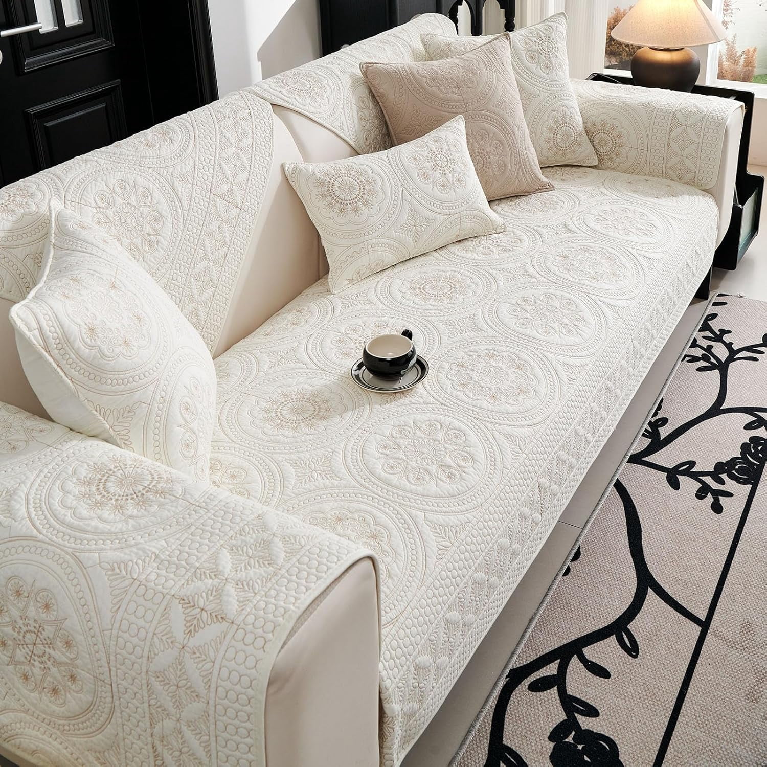 Boho Geometric Embroidery Couch Cover Soft Cotton Quilted Anti-Slip ...