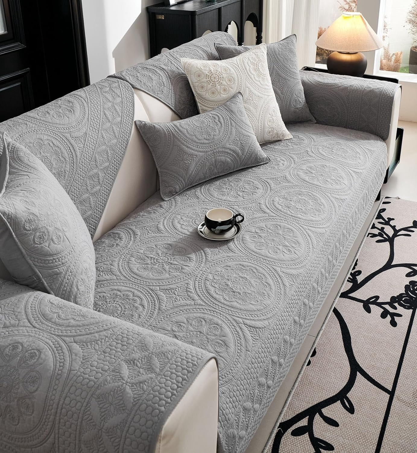 Boho Geometric Embroidery Couch Cover Soft Cotton Quilted Anti-Slip ...