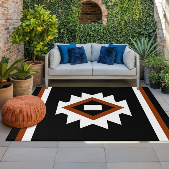 Boho Geometric Indoor Outdoor Rugs 3x5 Ft, Black Red Ethnic Tribal ...