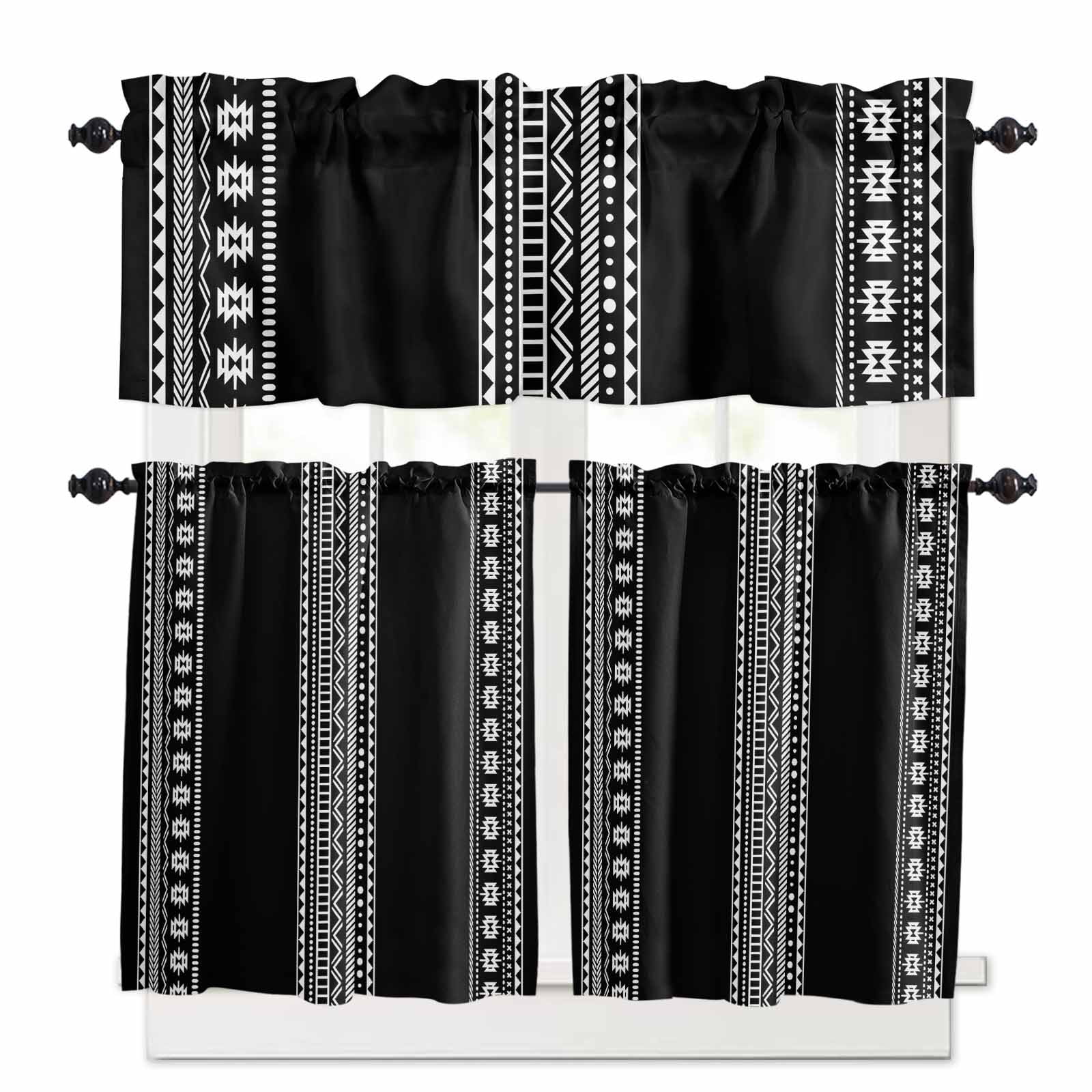Boho Geometric Kitchen Curtains Valance and Tier Set Bohemian Abstract ...