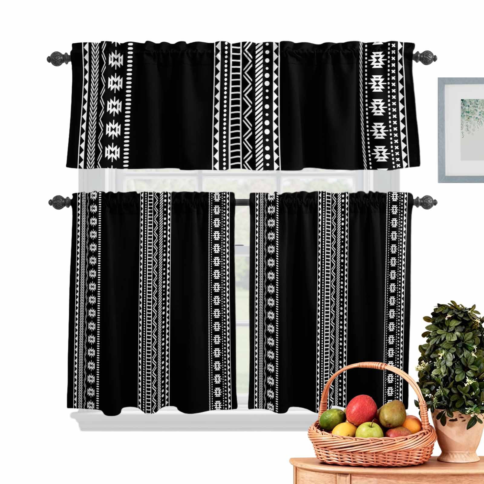 Boho Geometric Kitchen Curtains Valances 3 Piece Set, Bohemian Abstract ...