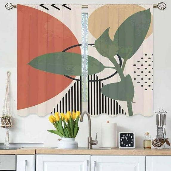 Boho Geometric Kitchen Curtains Vintage Ink Floral Mid Century Abstract ...