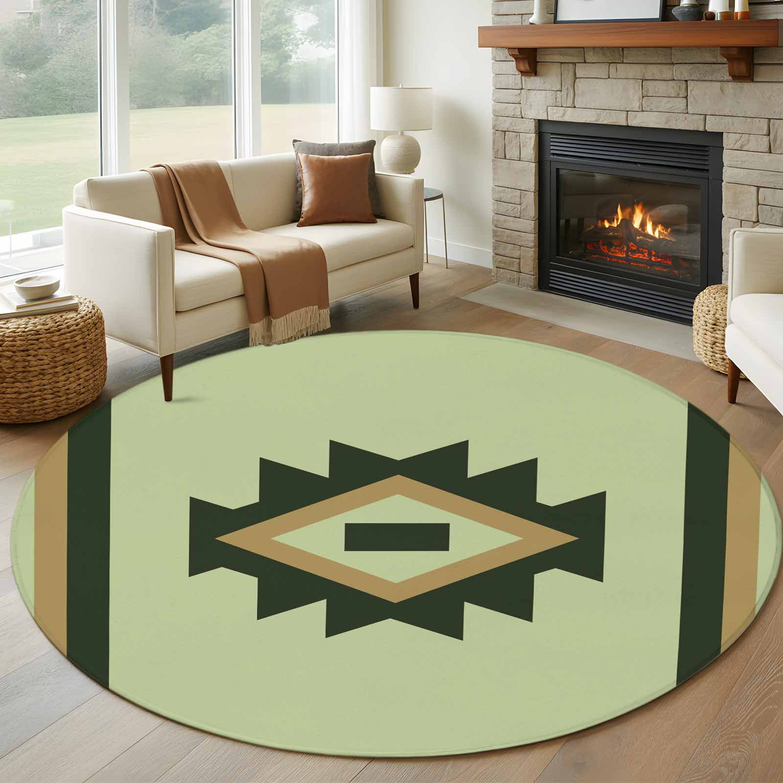 Boho Geometric Large Round Rug 8Ft Green Ethnic Tribal Striped Argyle ...