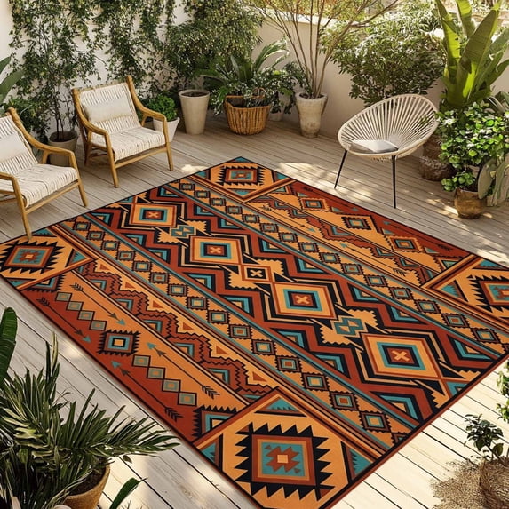 Boho Geometric Outdoor Rug 5x7 ft Retro Tribal Ethnic Grid Brown Orange ...