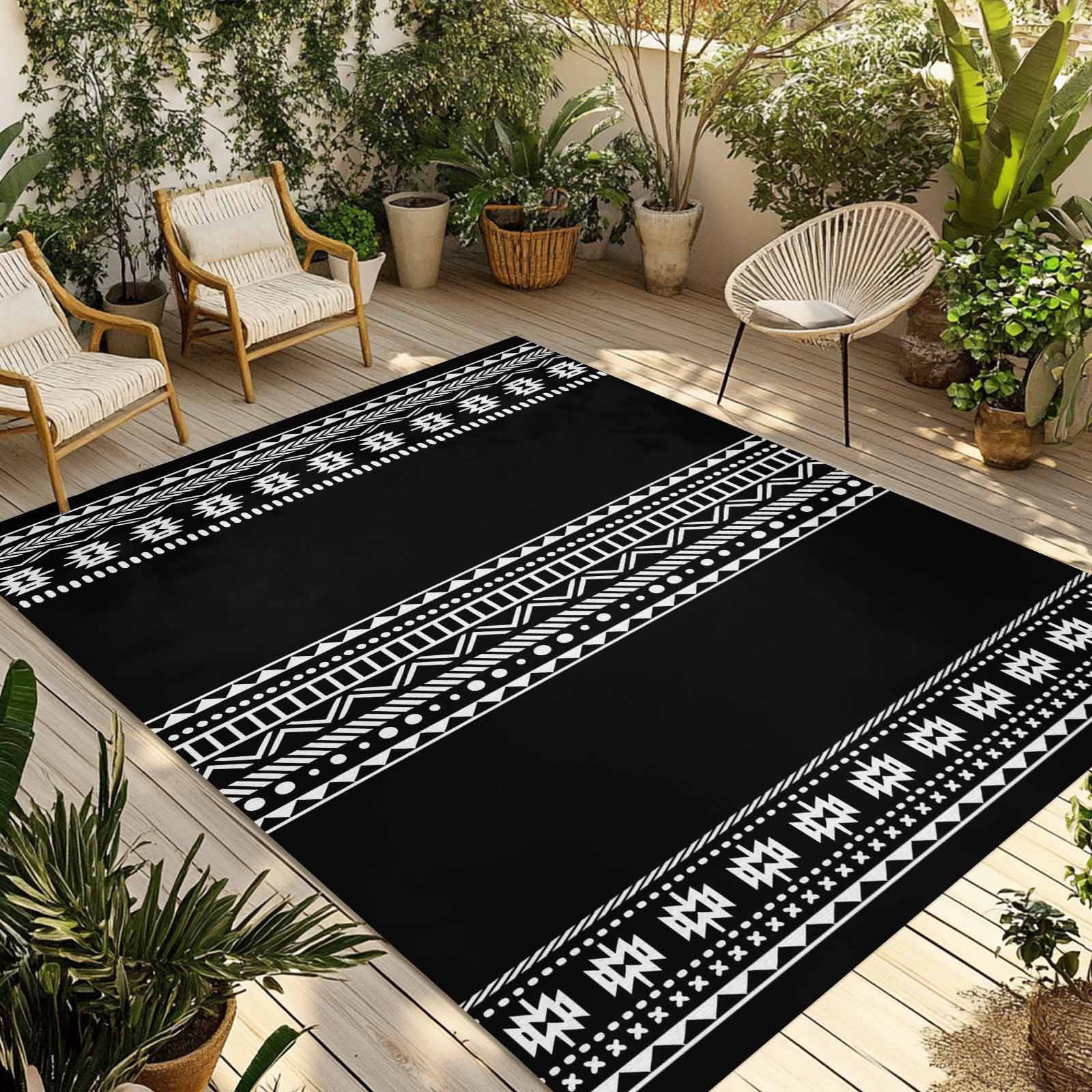 Boho Geometric Outdoor Rug, Bohemian Abstract Art Tribal Black Non-Slip Area Rugs Carpet ...