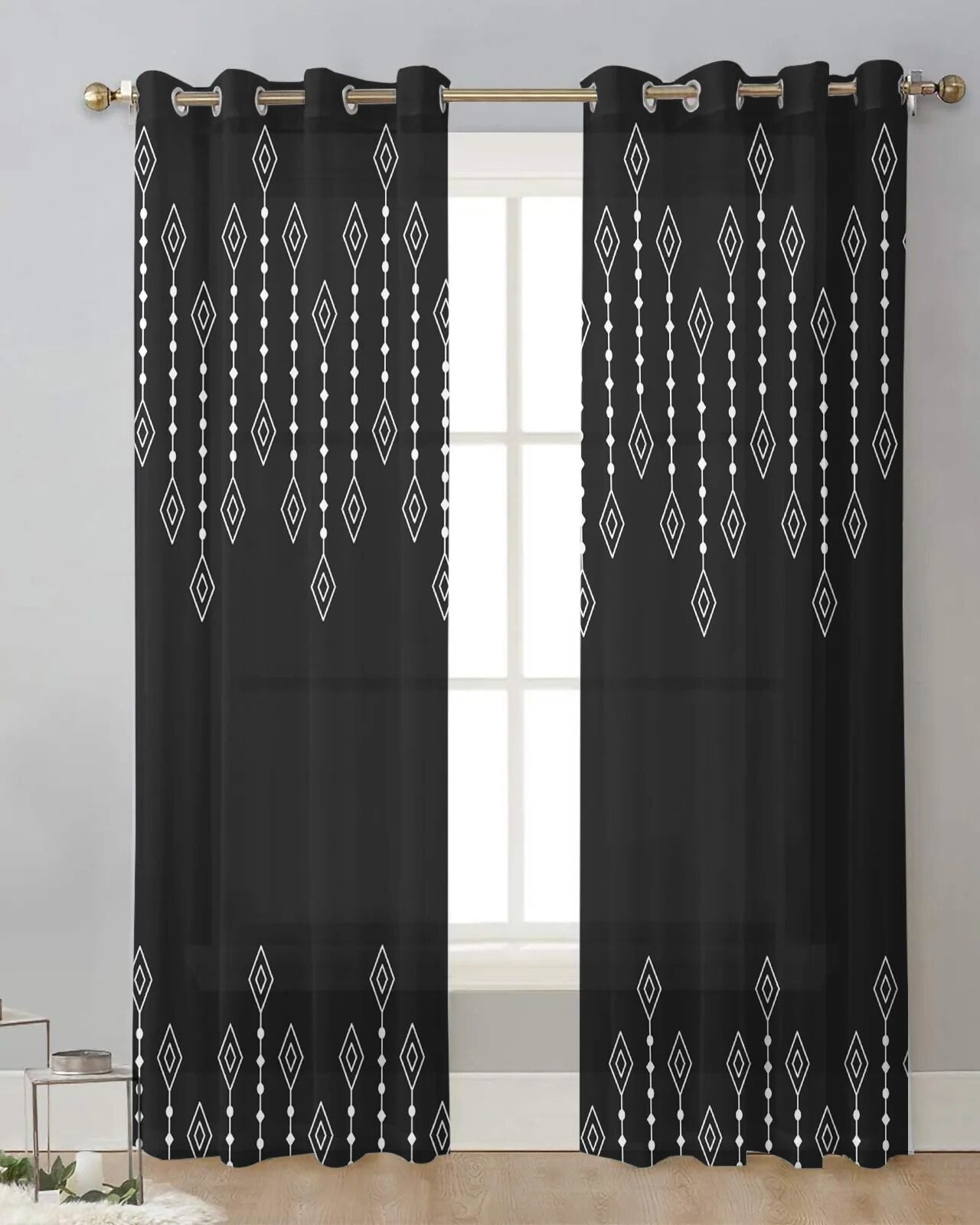 Boho Geometric Pattern Rhombus Black Tulle Living Room ration ...