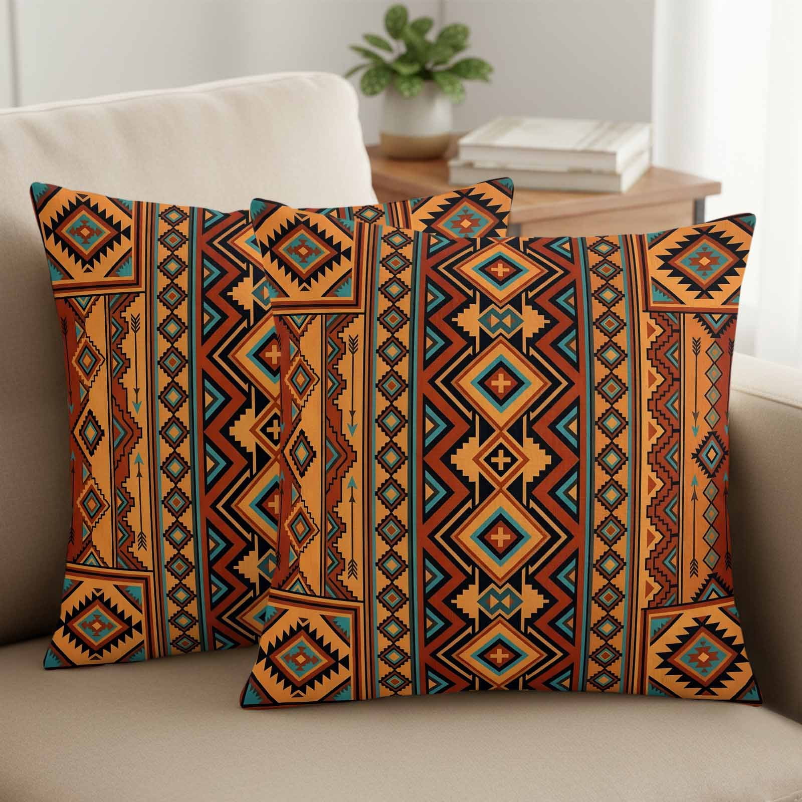 Boho Geometric Pillow Covers Set of 2, Retro Tribal Ethnic Grid Brown ...