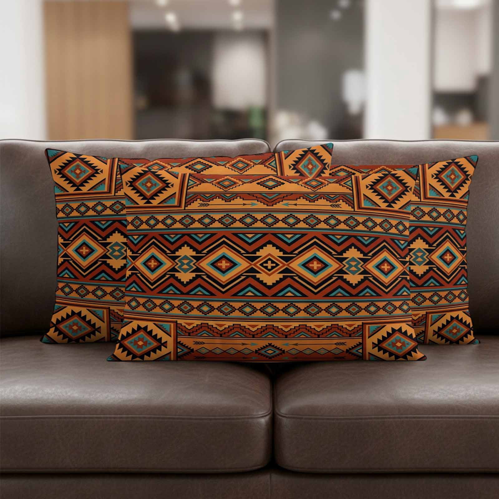 Boho Geometric Pillow Covers Set of 4, Retro Tribal Ethnic Grid Brown ...
