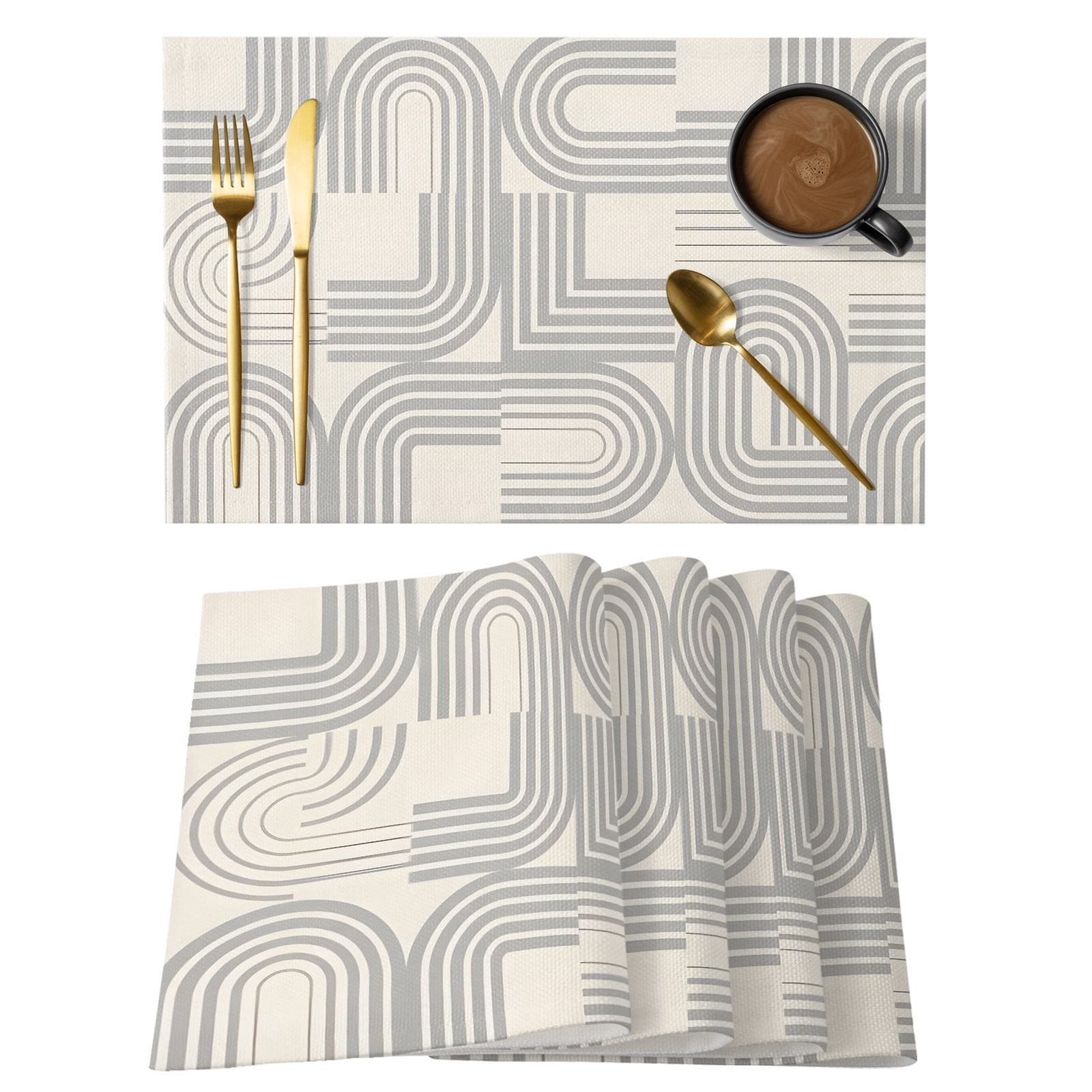 Boho Geometric Placemats Set of 12 Abstract Grey Stripes Curved Lines ...