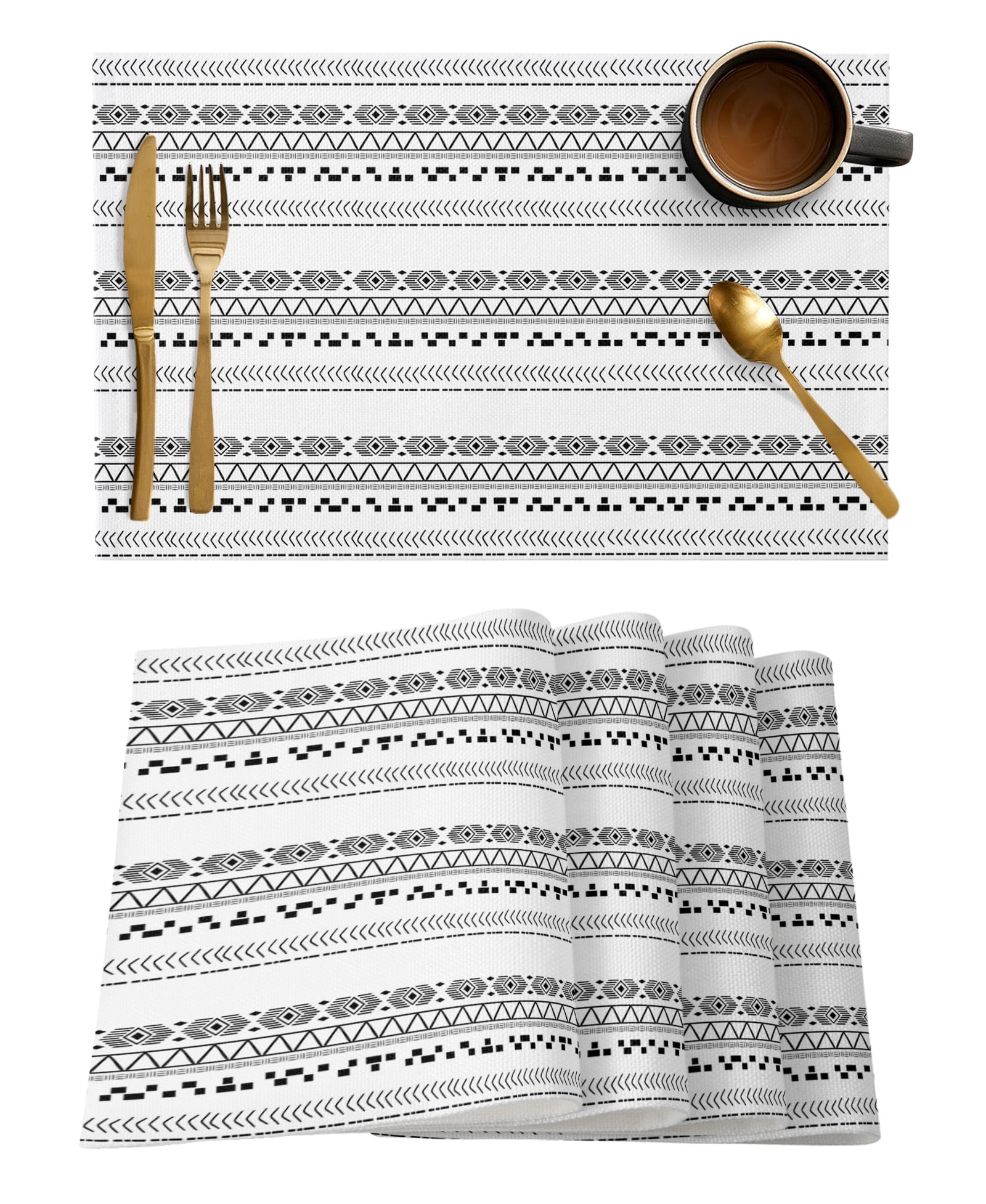 Boho Geometric Placemats Set of 6, Black White Modern Abstract Art ...