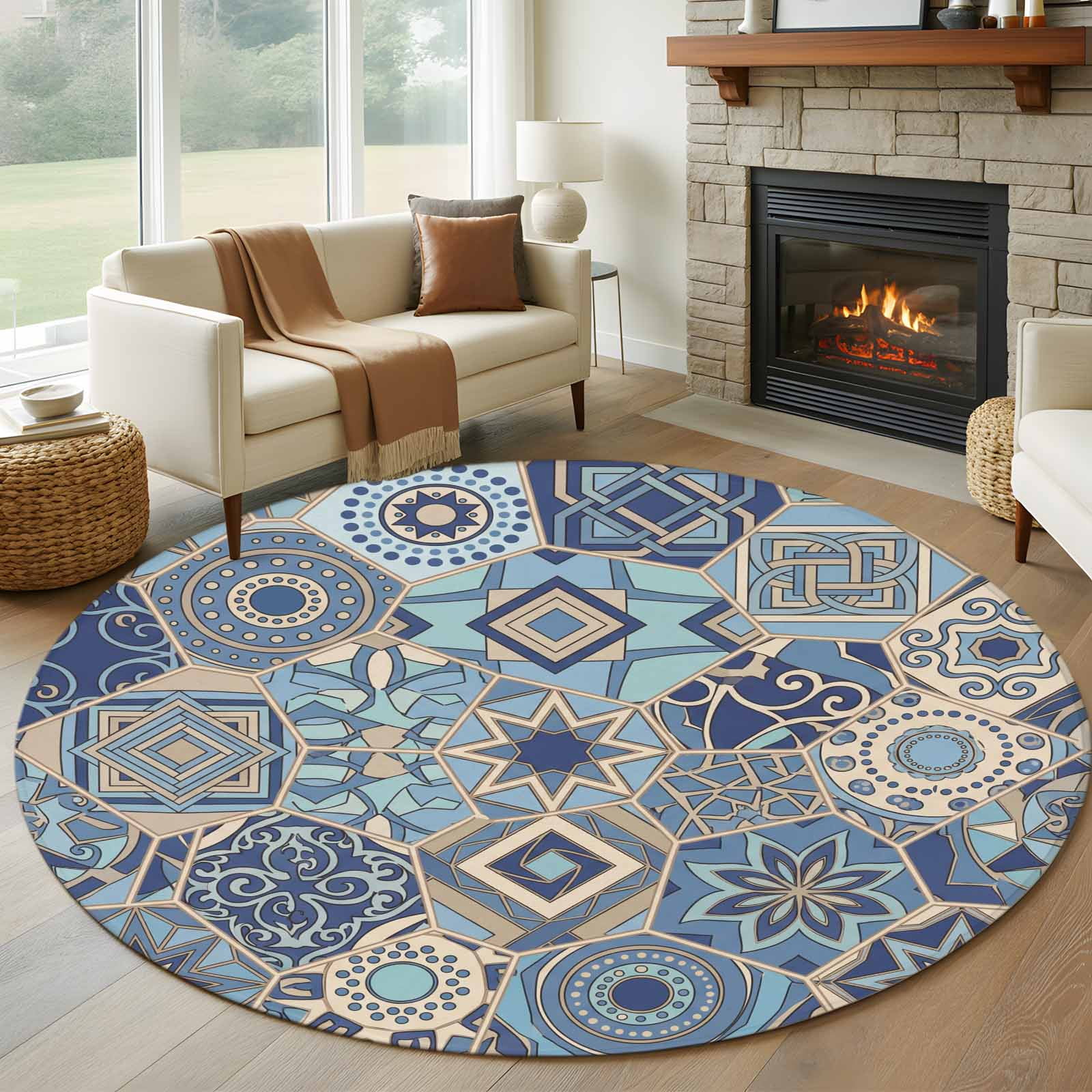 Boho Geometric Round Area Rug 5Ft Washable Circle Rugs for Living Room ...