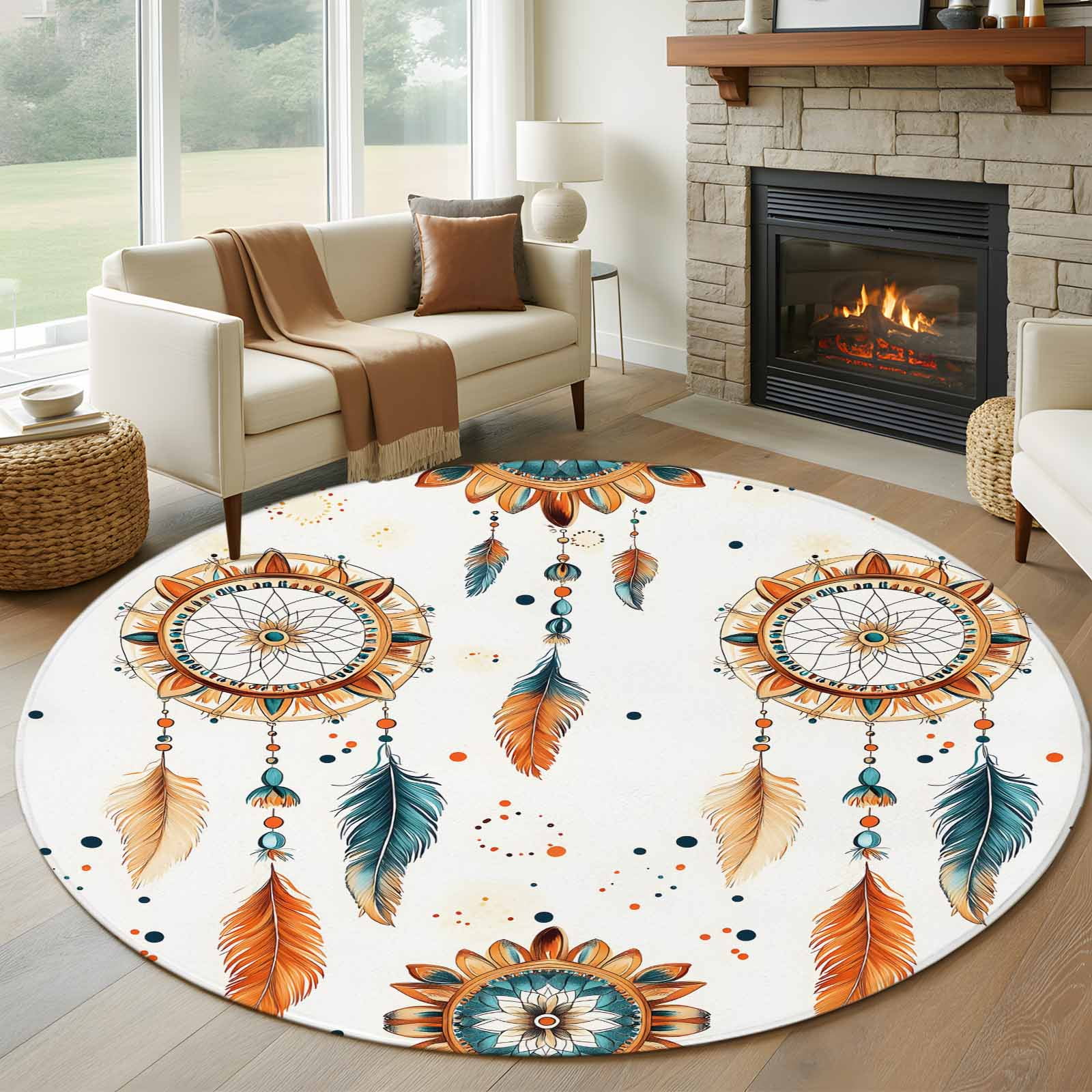 Boho Geometric Round Area Rug 6 FT, Non Slip Bedroom Area Rug, Ethnic ...