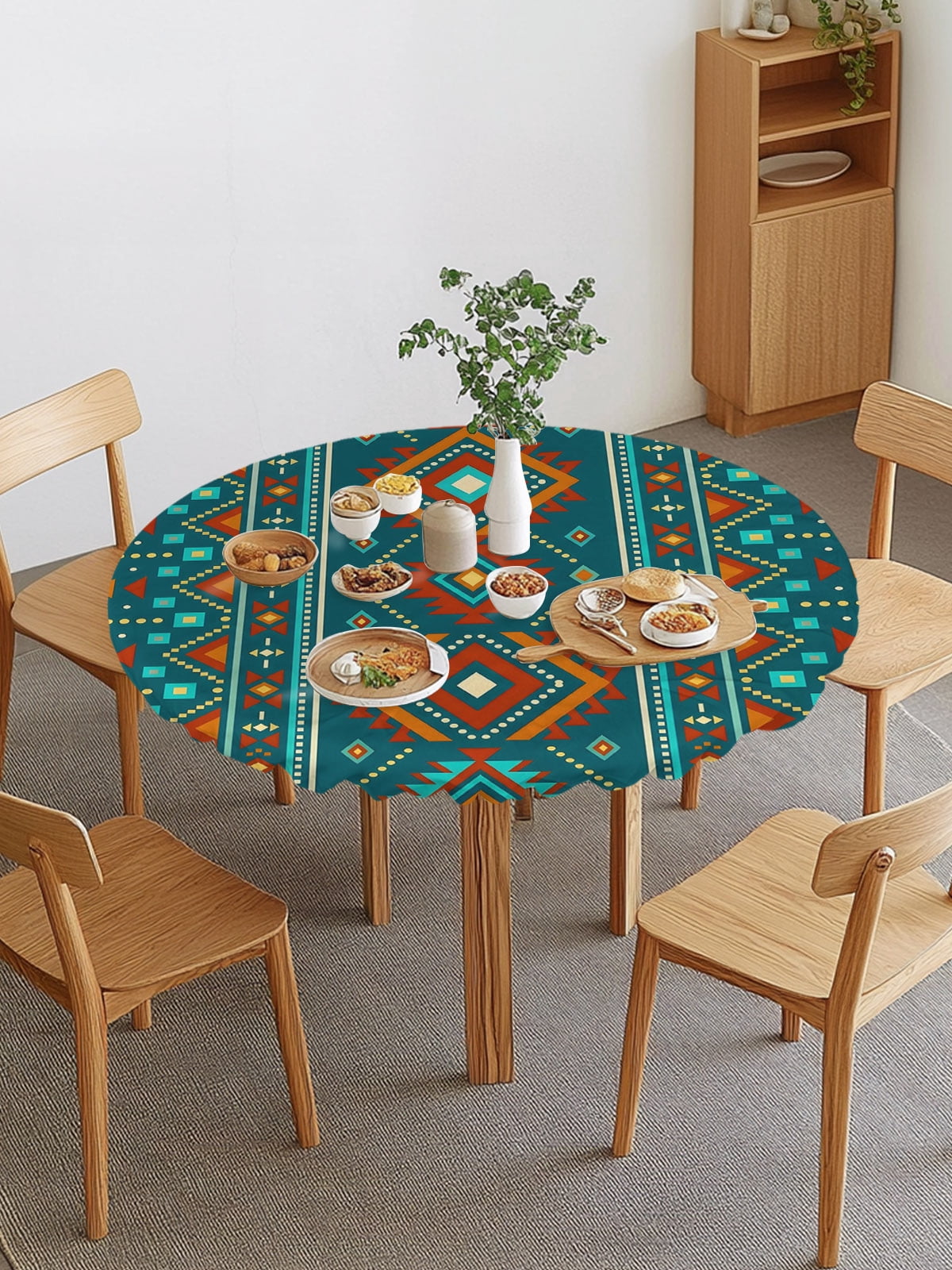 Boho Geometric Round Fitted Tablecloth with Elastic Edge, Retro Tribal ...