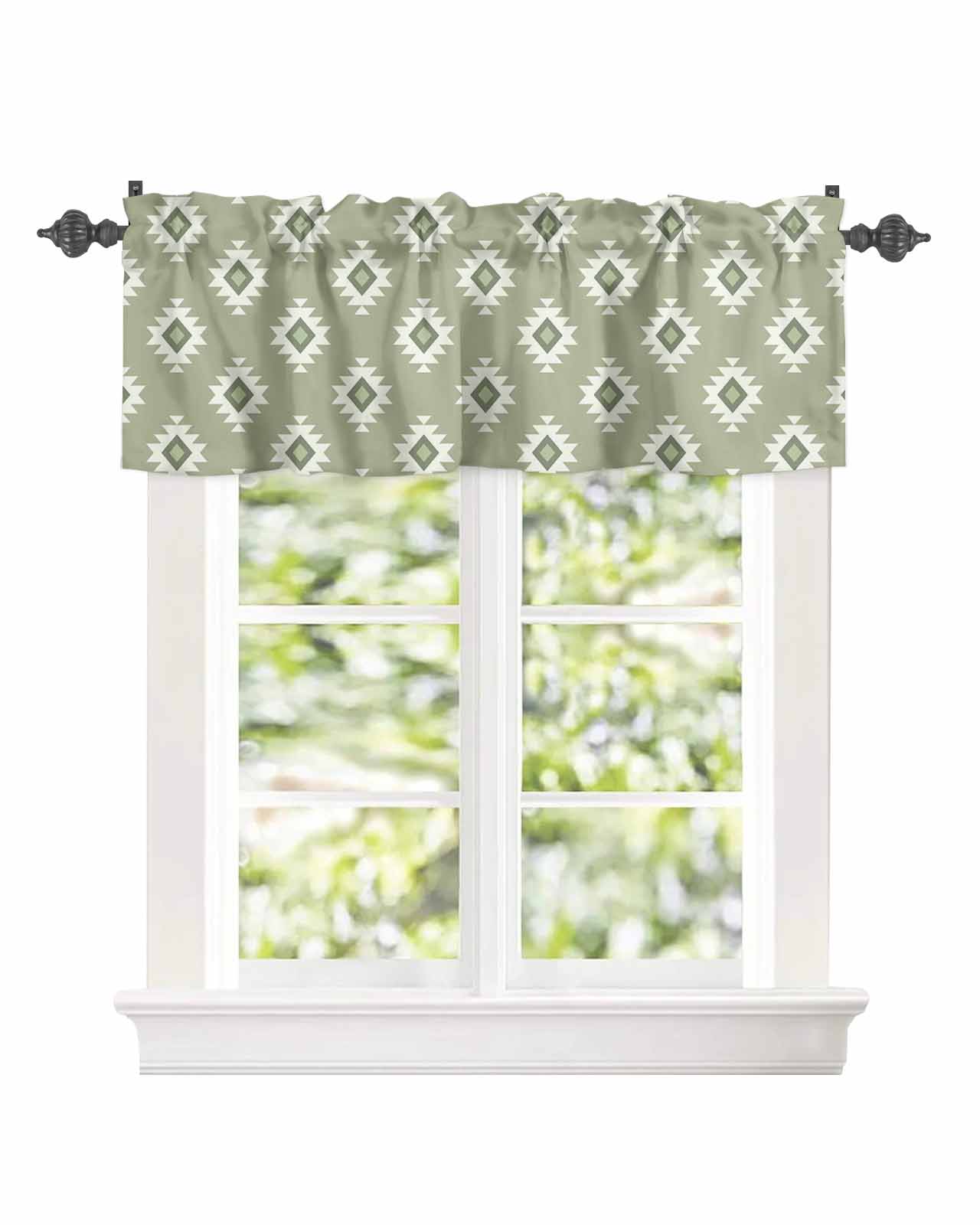 Boho Geometric Sage Green Aztec Window Valances for Kitchen,Rod Pocket ...
