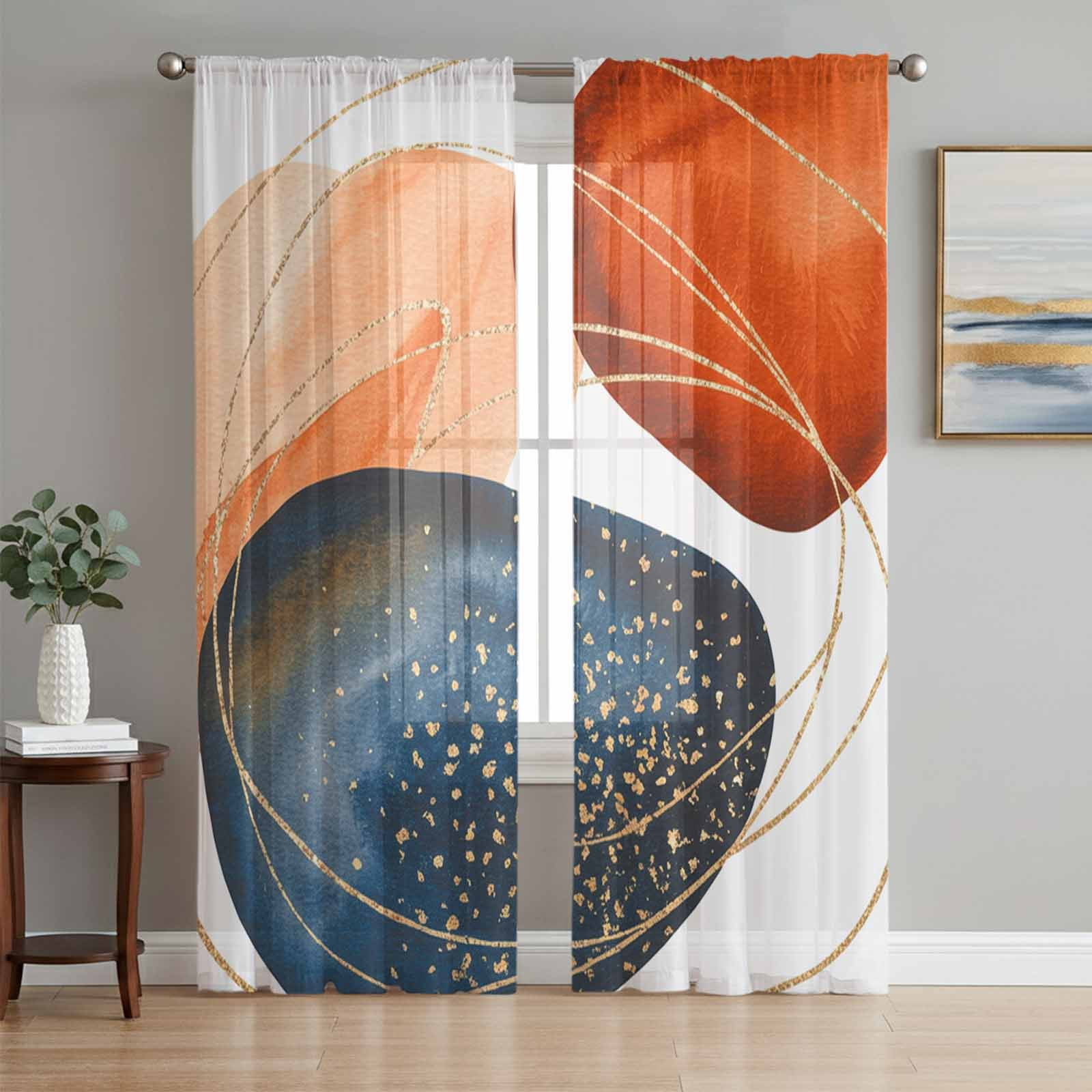 Boho Geometric Semi Sheer Curtains 84 Inch Length 2 Panels Set, Orange ...